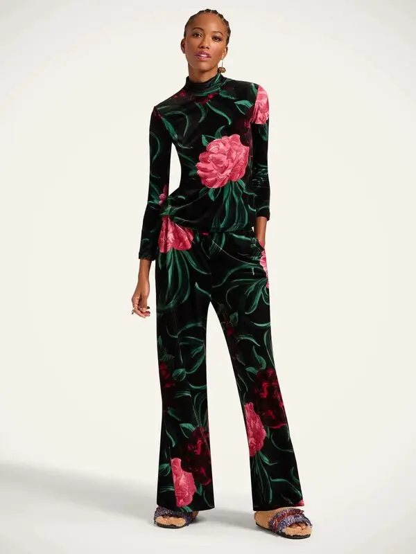 La DoubleJ Peony Velvet Stretch Palazzo Pants - Black