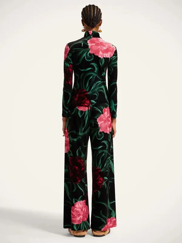 La DoubleJ Peony Velvet Stretch Palazzo Pants - Black