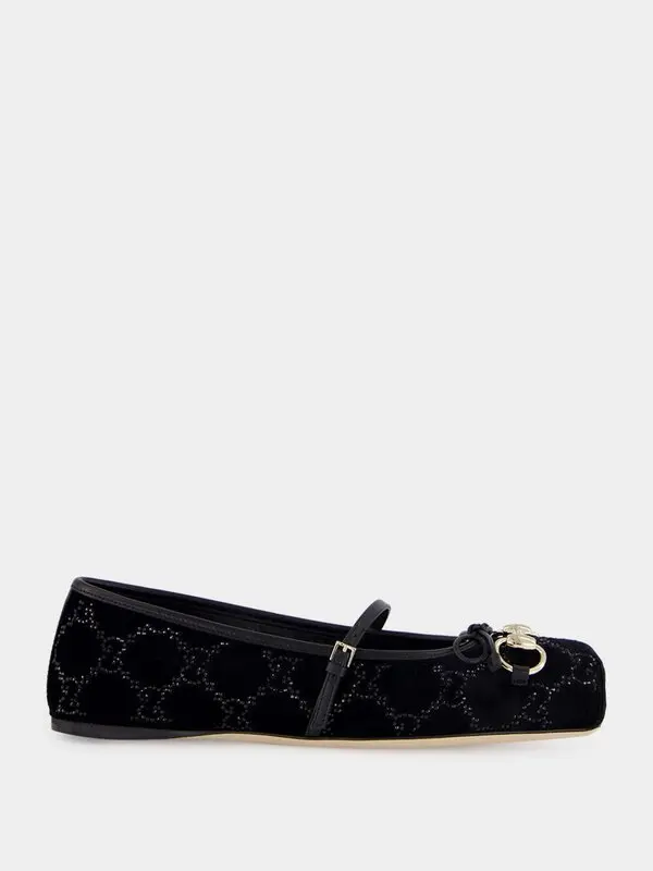 Gucci Velvet Gg Crystal Horsebit Ballet Flat - Black