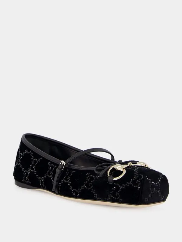 Gucci Velvet Gg Crystal Horsebit Ballet Flat - Black