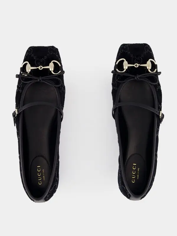 Gucci Velvet Gg Crystal Horsebit Ballet Flat - Black