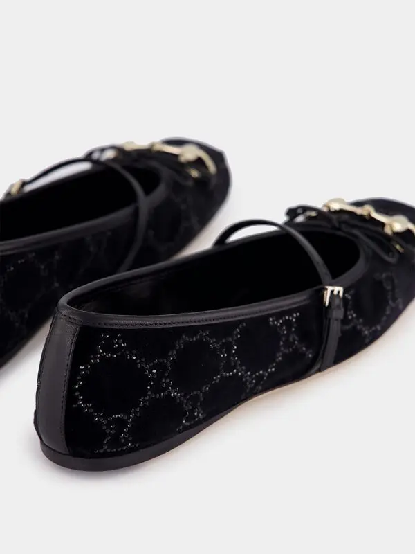 Gucci Velvet Gg Crystal Horsebit Ballet Flat - Black