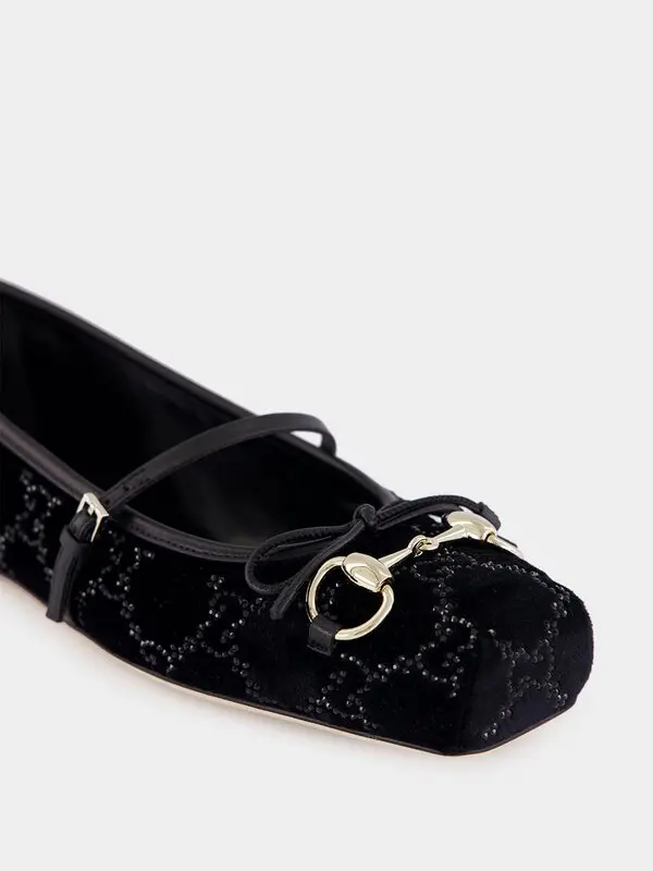 Gucci Velvet Gg Crystal Horsebit Ballet Flat - Black