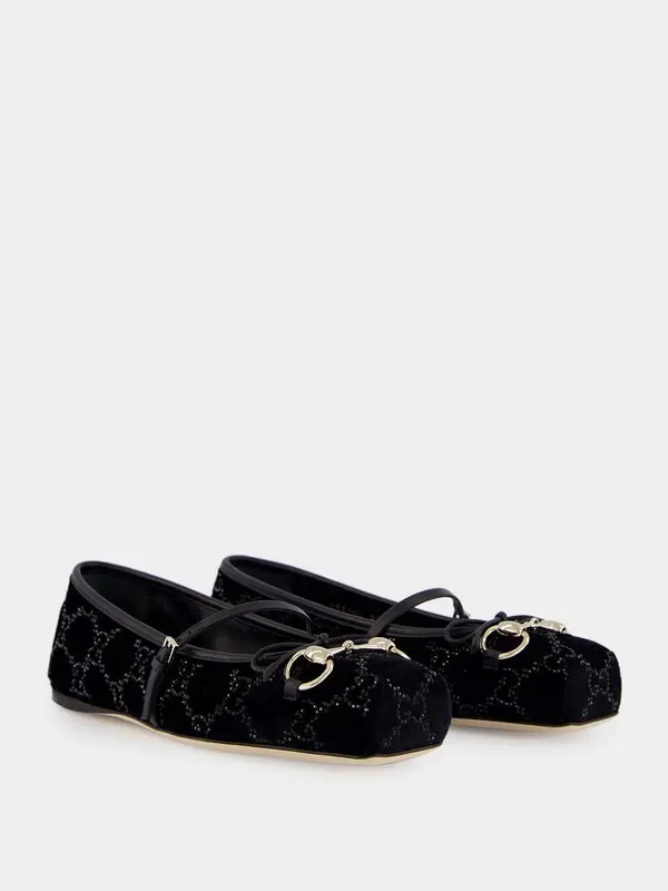 Gucci Velvet Gg Crystal Horsebit Ballet Flat - Black
