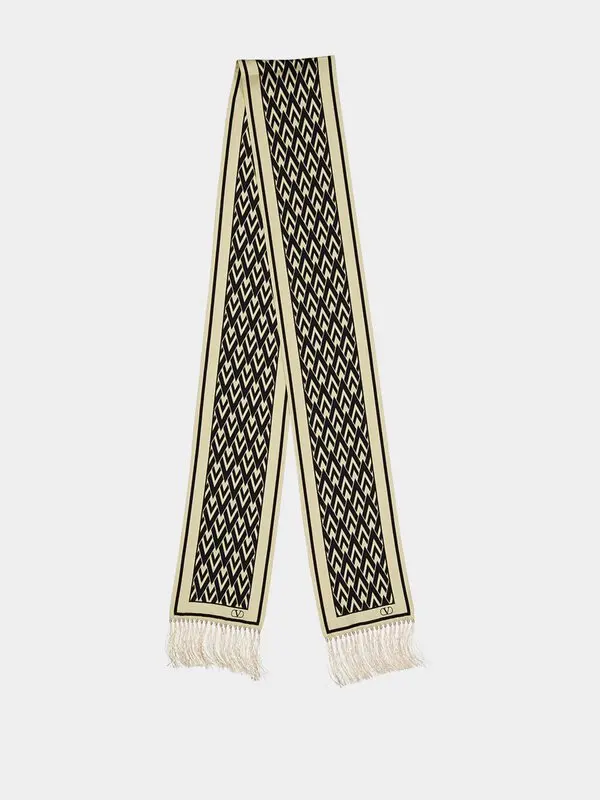 Valentino Garavani And Cream Silk Scarf With Fringes - Black