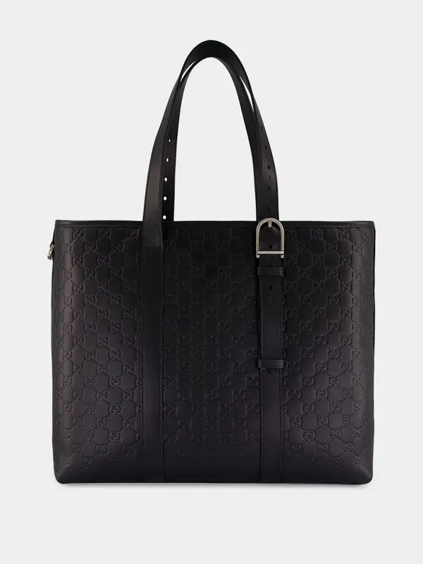 Gucci Leather Gg Tote Bag - Black