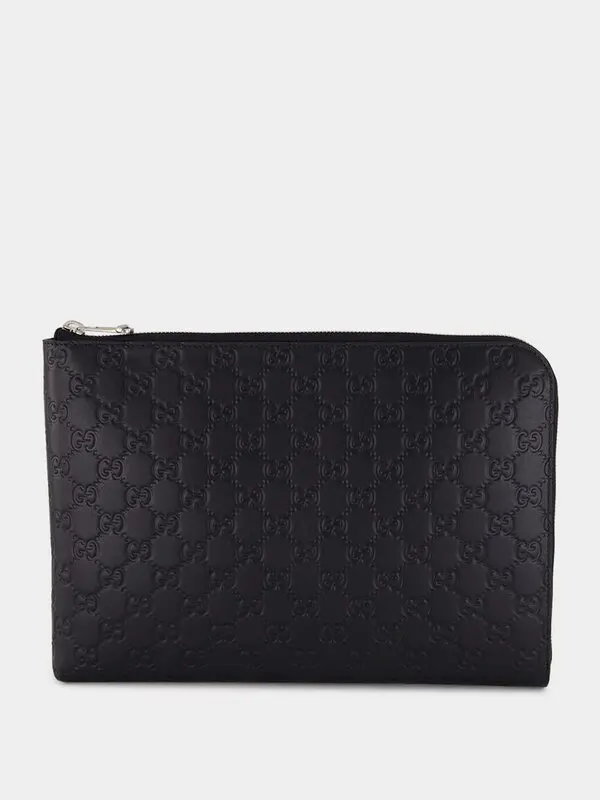 Gucci Gg Leather Monogram Pouch - Black