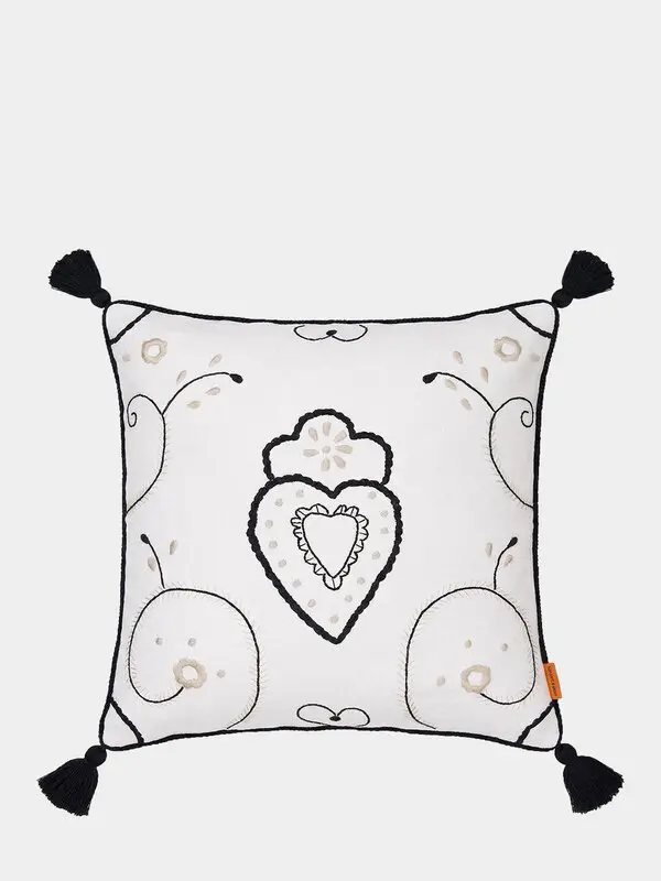 HOUSE OF CAPRICORN Hand-embroidered Viana Ivory Linen With Embroidery Cushion - Black