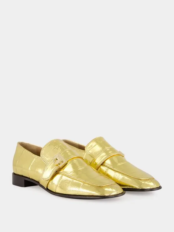 FERRAGAMO Laminated Loafers With Buckle Detail - Gold