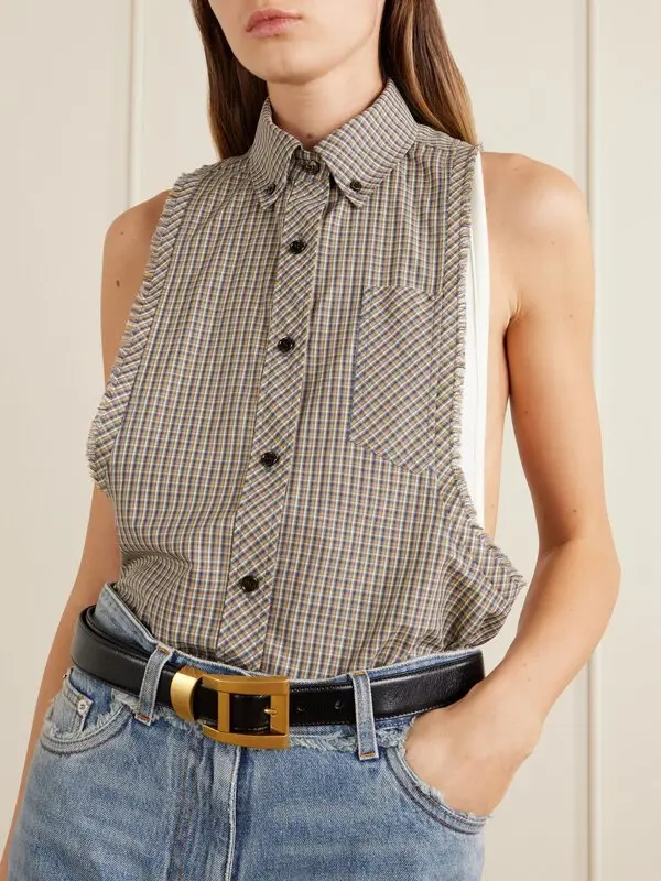 Versace Sleeveless Frayed Checked Shirt