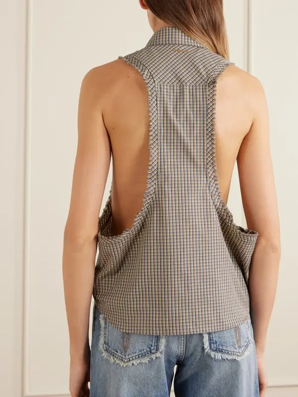 Versace Sleeveless Frayed Checked Shirt
