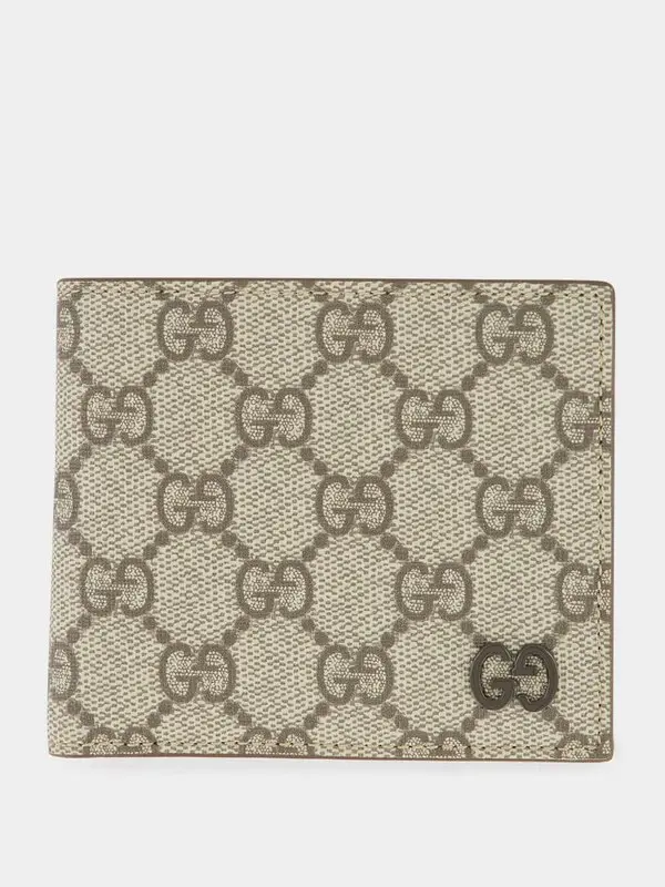 Gucci Gg Supreme Bi-fold Wallet With Brown Leather Interior - Beige