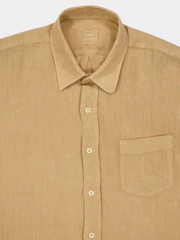 120% Lino Almond Long-sleeve Regular Fit Linen Shirt - Beige