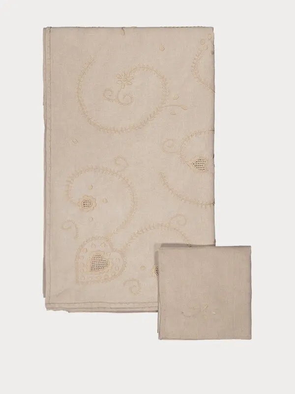 HOUSE OF CAPRICORN Hand-embroidered Viana Linen With Embroidery Tablecloth And Napkin Set - Beige