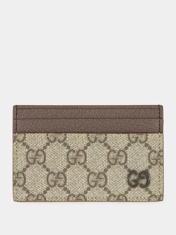 Gucci Gg Supreme Card Case With Brown Leather Trim - Beige