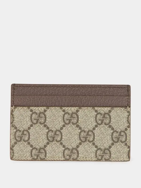 Gucci Gg Supreme Card Case With Brown Leather Trim - Beige