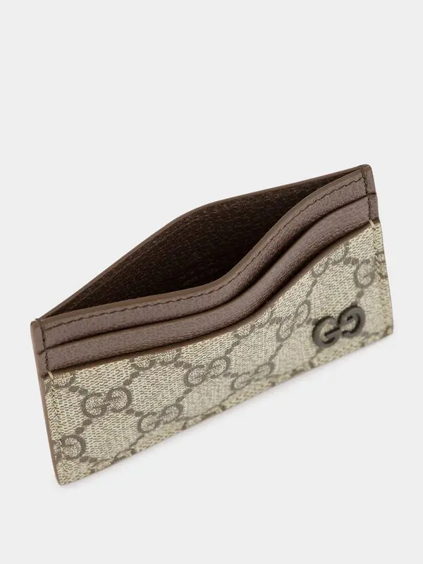 Gucci Gg Supreme Card Case With Brown Leather Trim - Beige