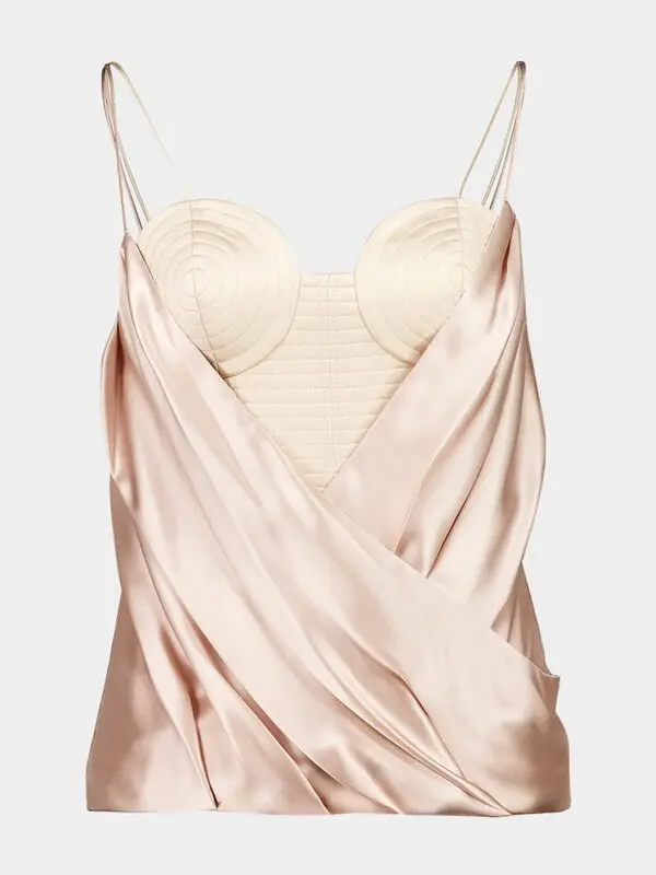 Balmain Draped Satin Bustier Top - Beige