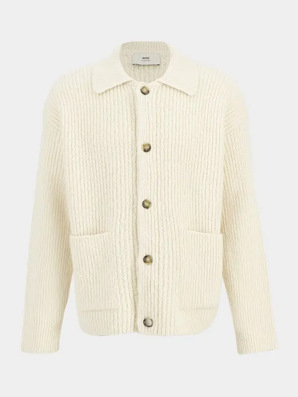 AMI Paris Knit Cardigan With Branded Buttons - Cream