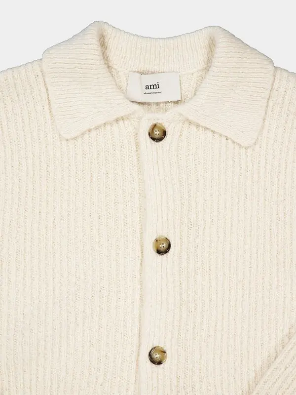 AMI Paris Knit Cardigan With Branded Buttons - Cream
