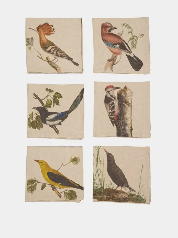 LINOROOM Woodland Birds Linen Napkins Set Of 6 - Beige