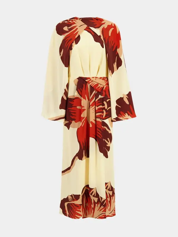 Johanna Ortiz Floral-print Silk Midi Dress With Cape - Beige