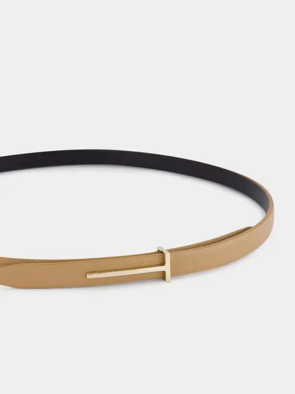TOM FORD Supple Grain Leather Slim T Belt - Beige