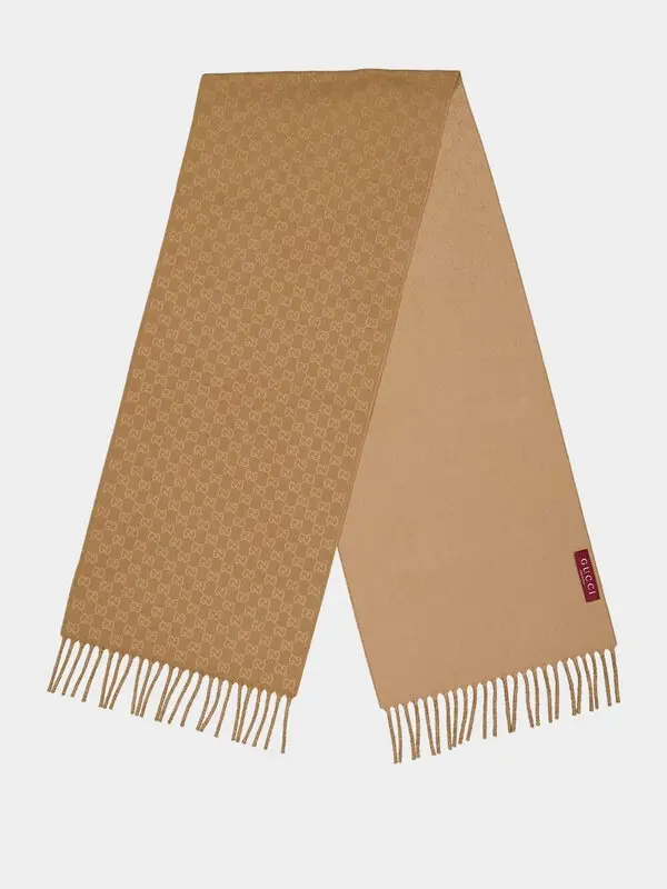 Gucci Camel And Gg Wool Cashmere Scarf - Beige