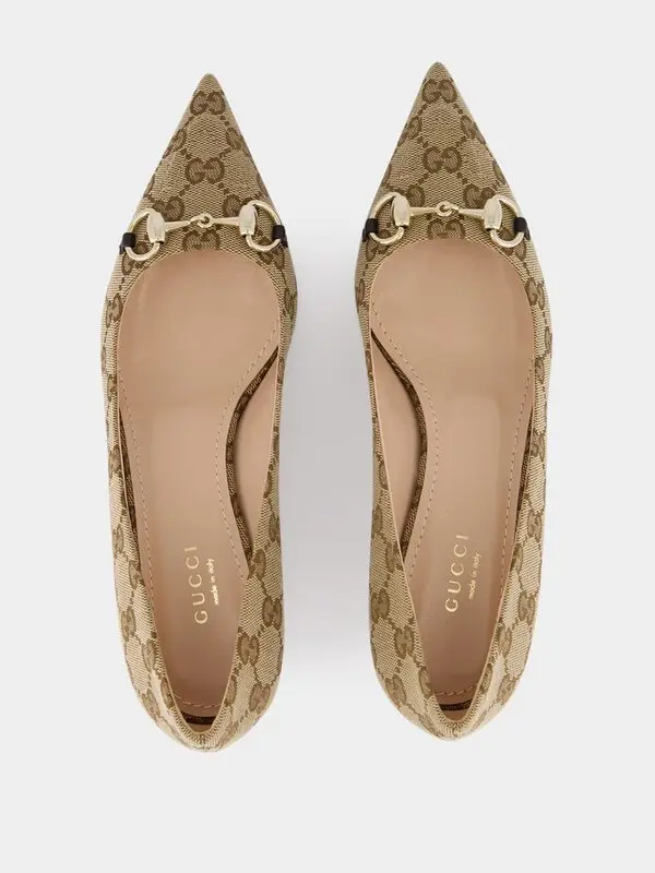 Gucci Gg Canvas Pump With Horsebit - Beige
