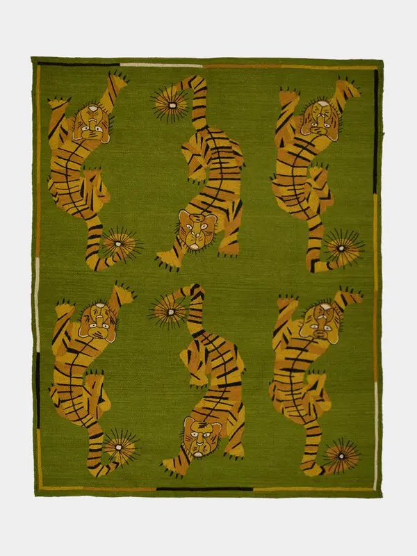 ORNATE Green Suzani Killim Hand Embroidered Wool Rug - Animal Print