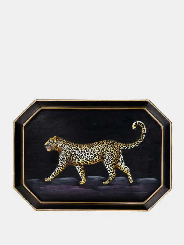 LES-OTTOMANS Leopard Handpainted Iron Tray - Animal Print