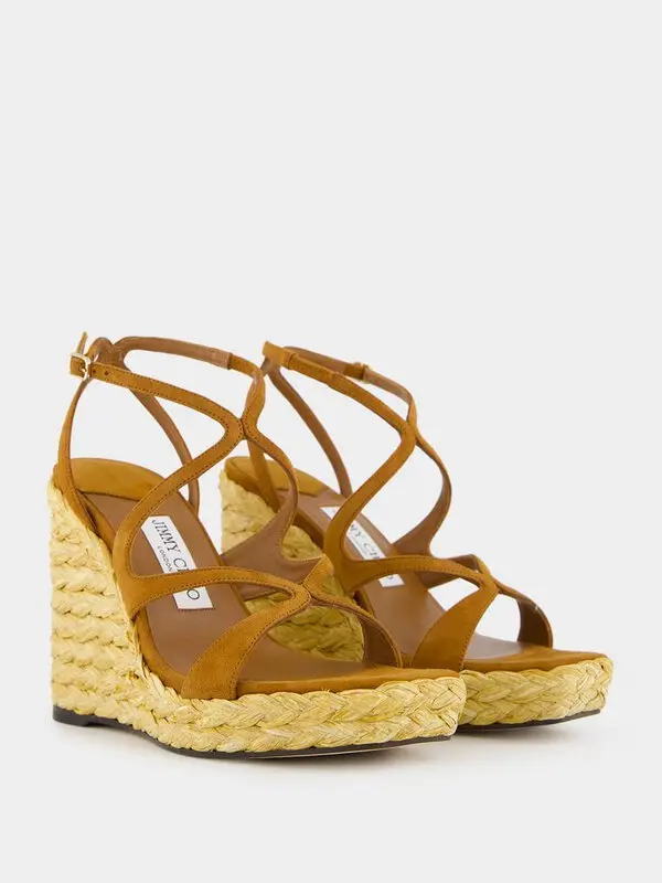 JIMMY CHOO Ayla 110 Suede Wedge Sandals With Raffia - Brown