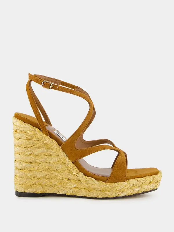 JIMMY CHOO Ayla 110 Suede Wedge Sandals With Raffia - Brown