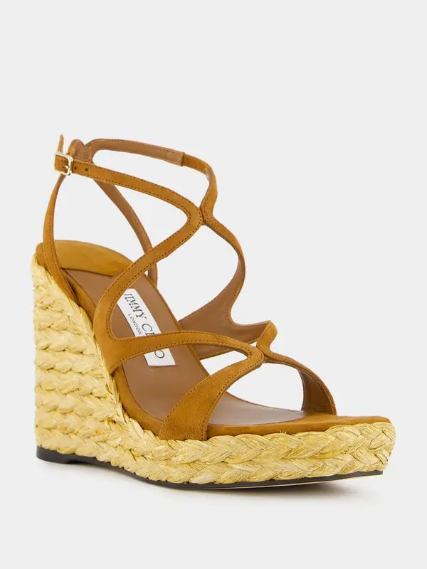 JIMMY CHOO Ayla 110 Suede Wedge Sandals With Raffia