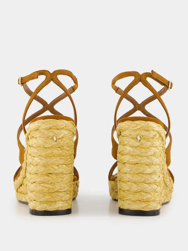 JIMMY CHOO Ayla 110 Suede Wedge Sandals With Raffia