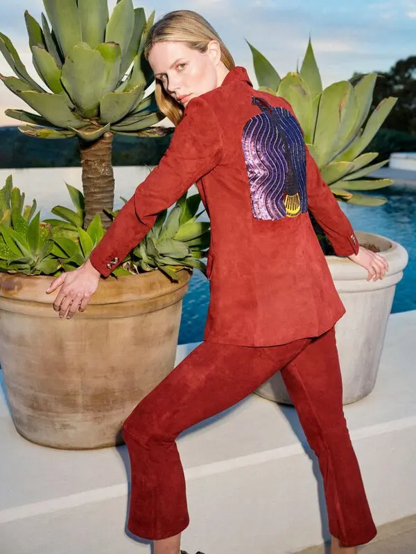 PAULA Embroidered Leather Blazer - Burgundy