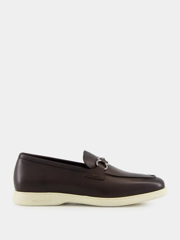 FERRAGAMO Dark Calfskin Loafers With Gancini Ornament - Brown