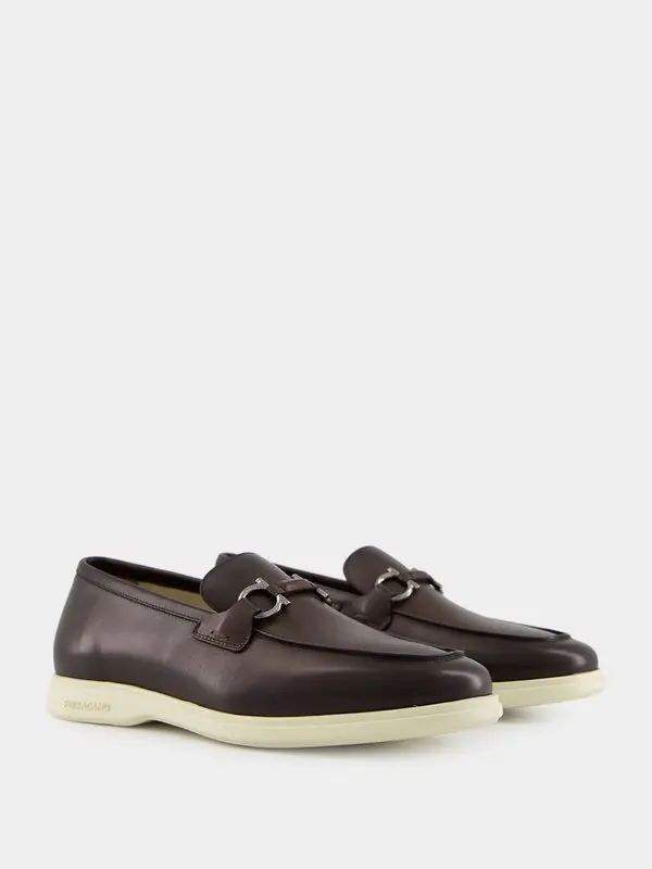 FERRAGAMO Dark Calfskin Loafers With Gancini Ornament - Brown