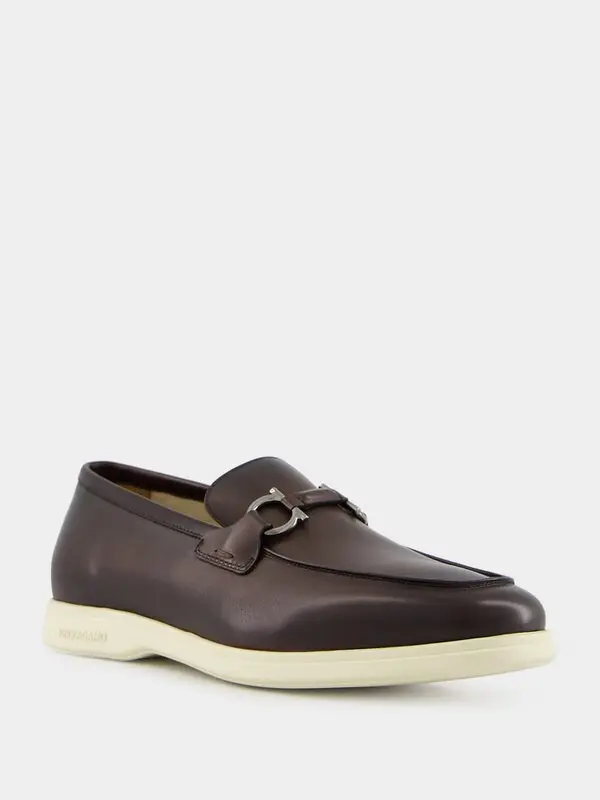 FERRAGAMO Dark Calfskin Loafers With Gancini Ornament - Brown