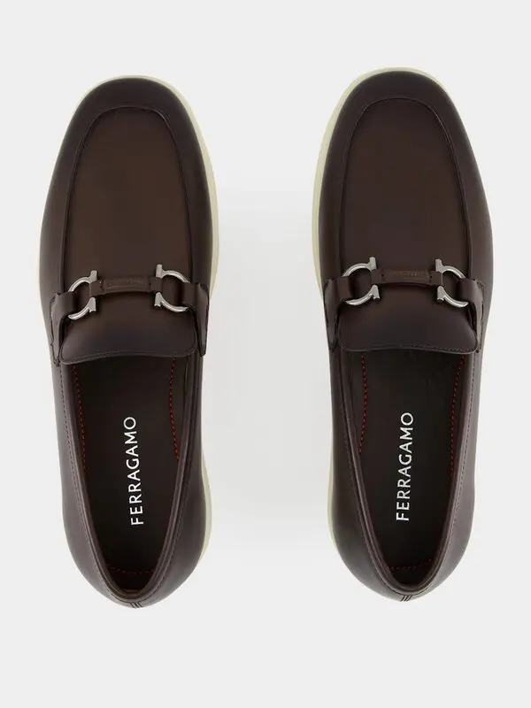 FERRAGAMO Dark Calfskin Loafers With Gancini Ornament - Brown