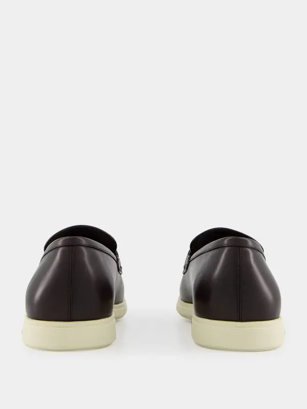 FERRAGAMO Dark Calfskin Loafers With Gancini Ornament - Brown