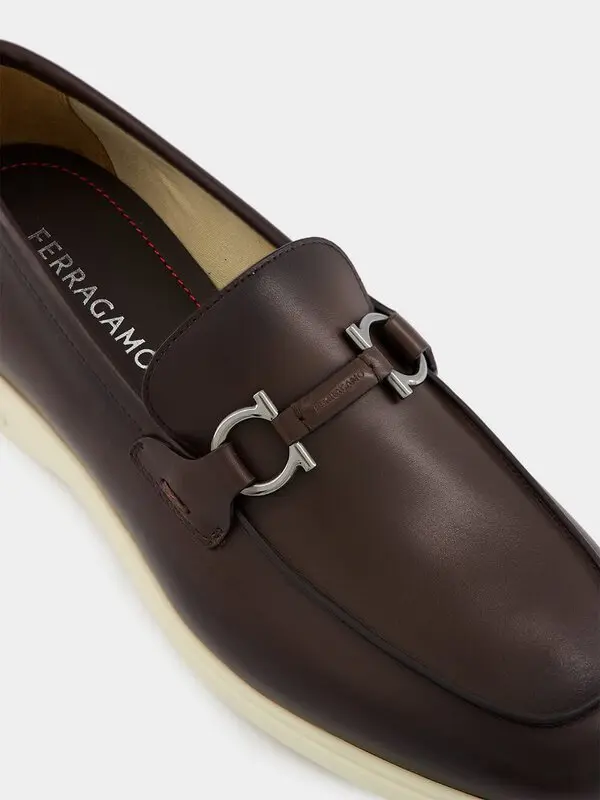 FERRAGAMO Dark Calfskin Loafers With Gancini Ornament - Brown