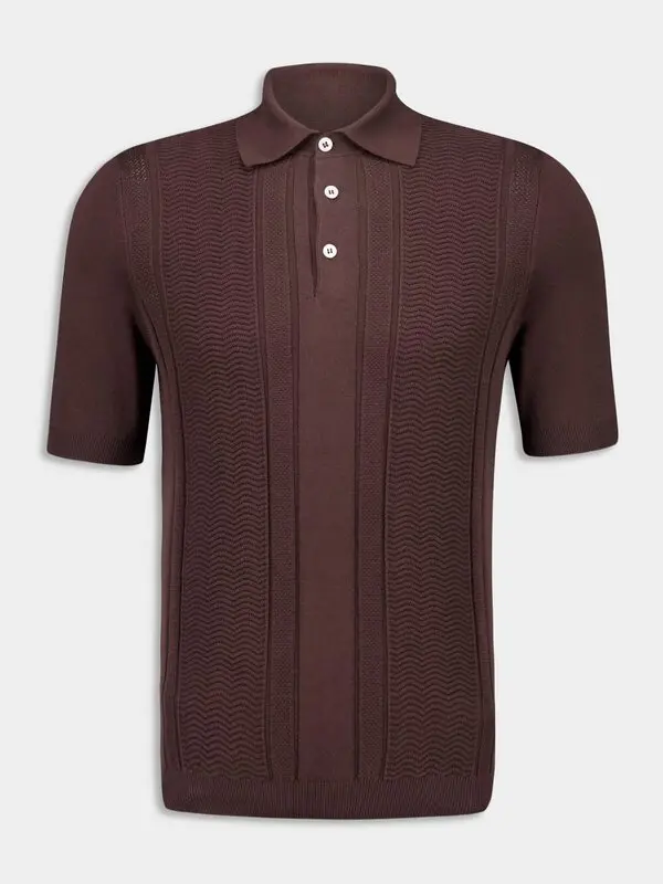 Brunello Cucinelli Dark Cotton Knit Polo With Jacquard Stripes - Brown