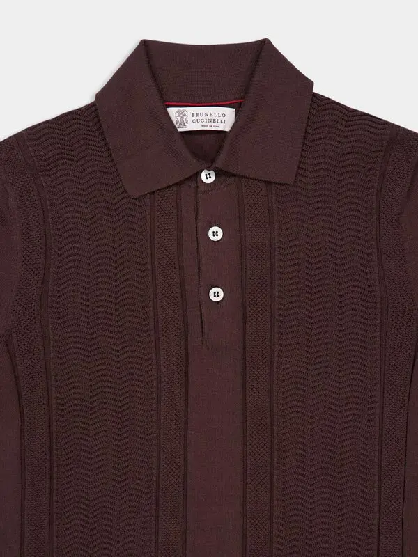 Brunello Cucinelli Dark Cotton Knit Polo With Jacquard Stripes