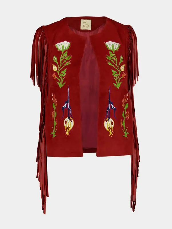 PAULA Cassiopeia Embroidered Suede Fringe Vest - Multicolour