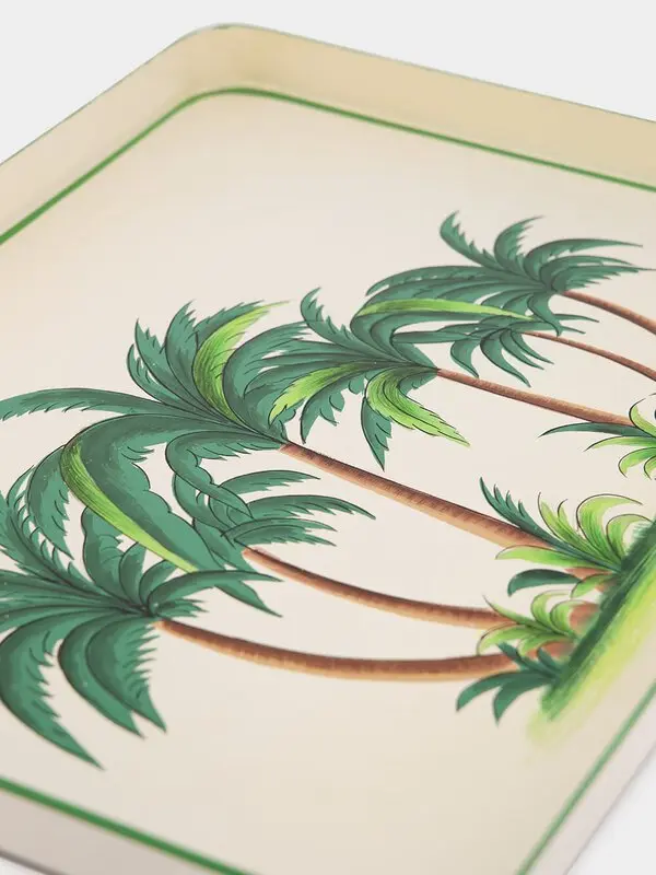 LES-OTTOMANS Handpainted Palms Iron Tray - Cream