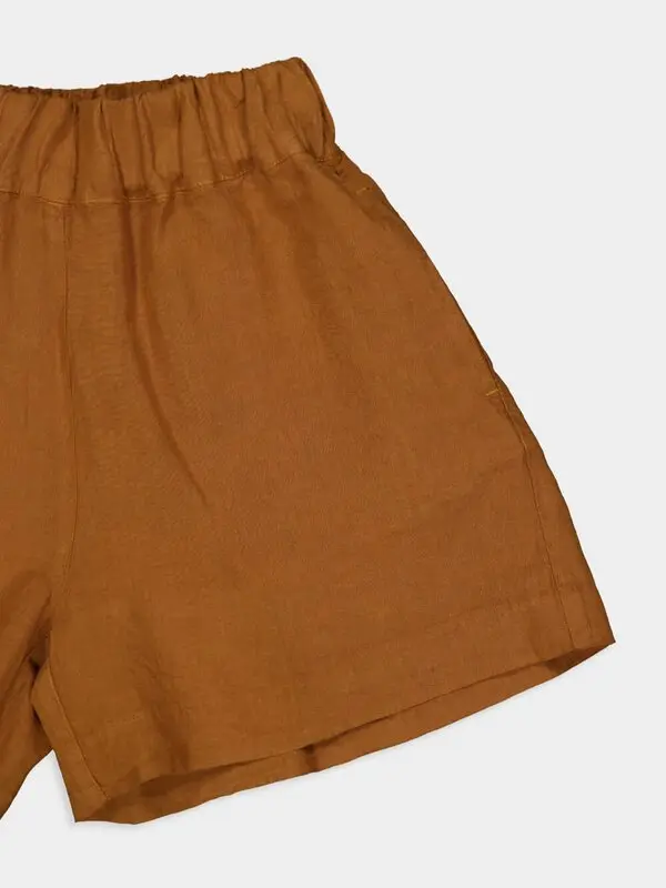 120% Lino Casual Fit Linen Shorts - Brown