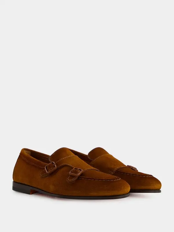 Santoni Suede Double Buckle Loafers - Brown