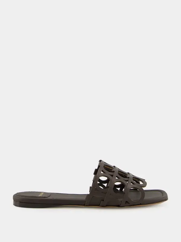 FERRAGAMO Gancini Chain Leather Slides - Brown