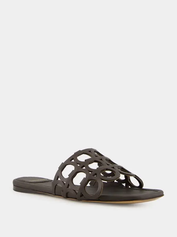 FERRAGAMO Gancini Chain Leather Slides - Brown